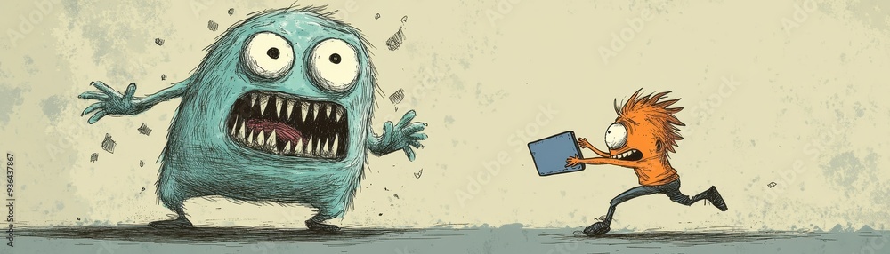 Cartoon debt monster chasing terrified character with wallet Stock ...