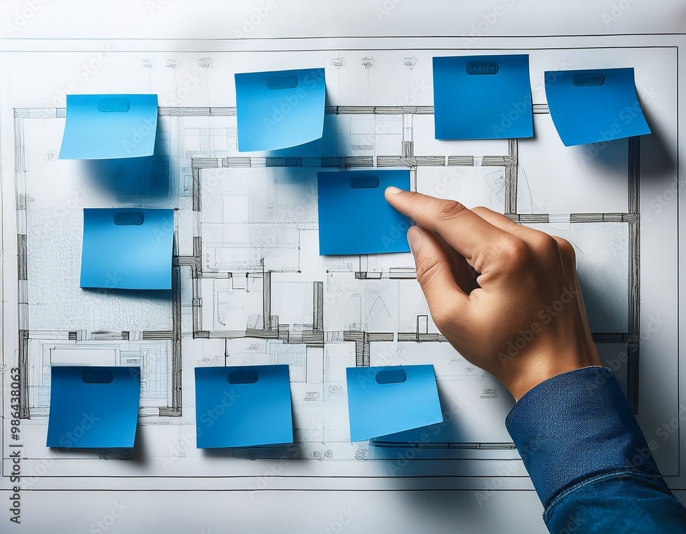 A hand points to a blueprint with blue sticky notes highlighting key ...