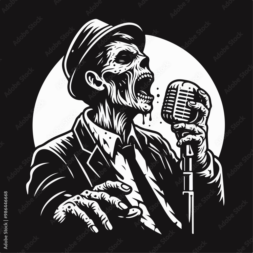 zombie Skull with microphone and grease hair in rockabilly style. Dead ...