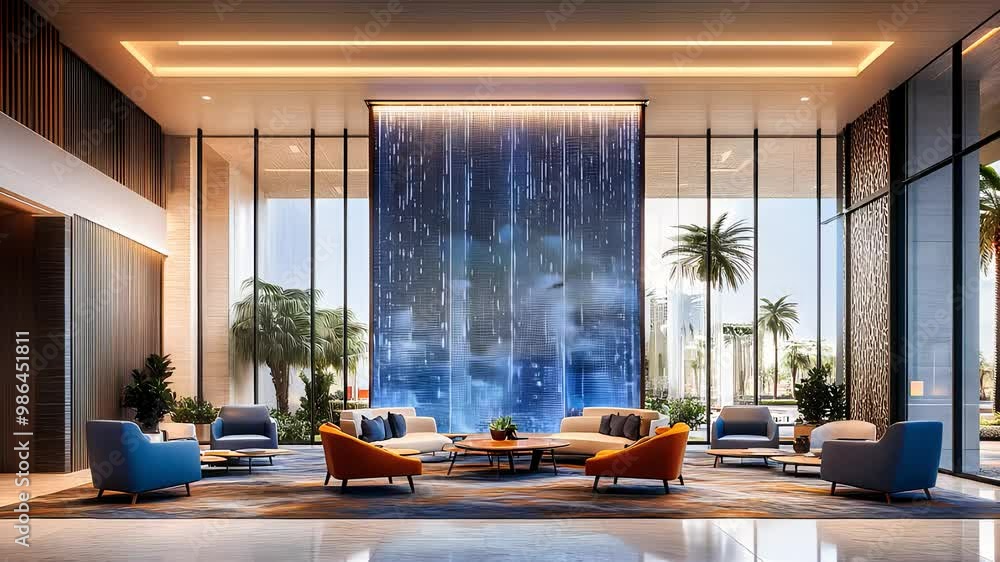 Luxurious hotel lobby interior with modern furniture and large ...