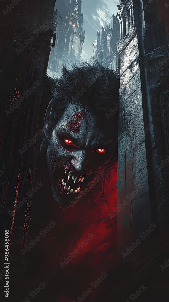Creepy vampire emerging from the shadows of a dark castle, with sharp ...