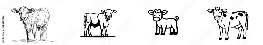 Drawing of a grazing cow in continuous line. Farm animal concept. Black ...