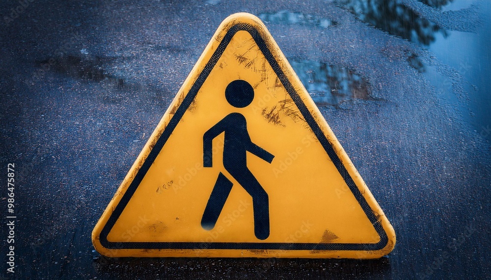 A worn yellow caution sign with a walking figure in a triangle ...