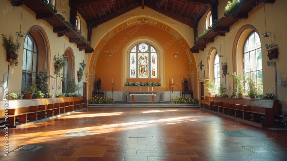 Serene Catholic chapel interior with sunlight streaming through arched ...