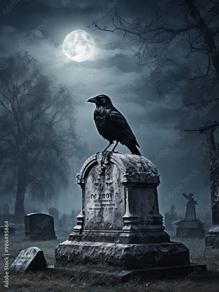Crow sitting tombstone in the foggy spooky graveyard with full moon ...
