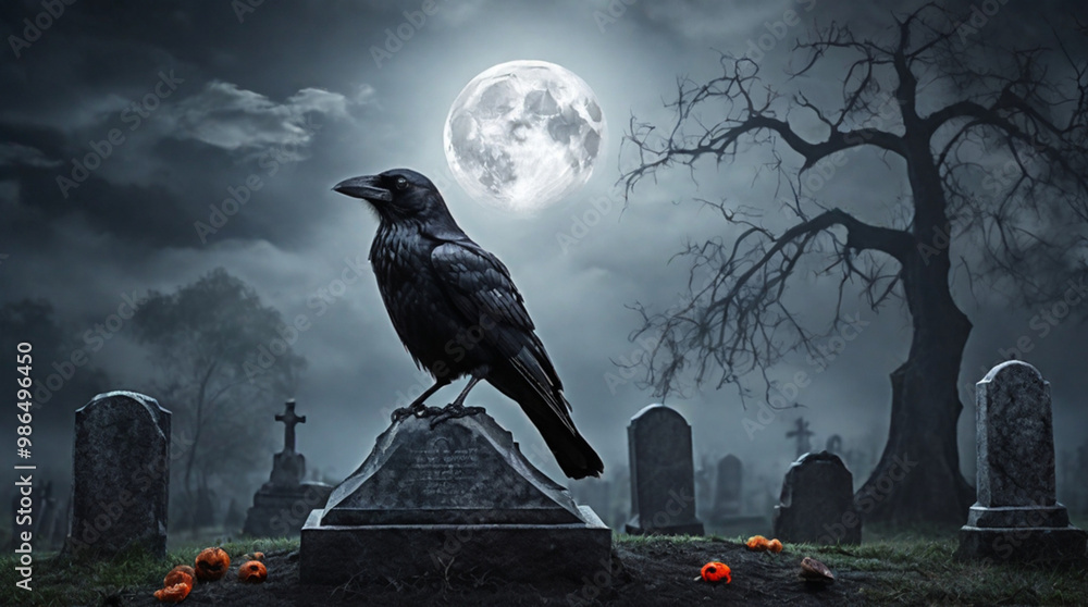 Crow sitting tombstone in the foggy spooky graveyard with full moon ...