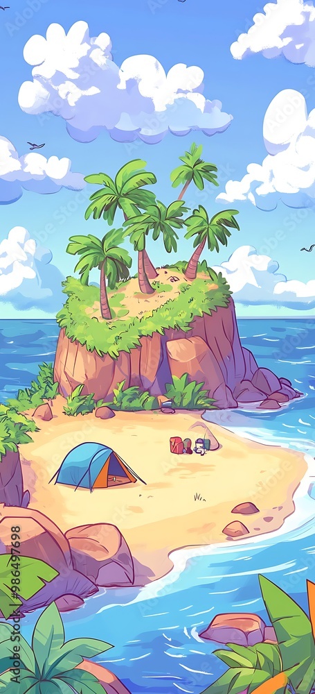 Cartoon illustration of a tropical island with palm trees, beach, tent ...
