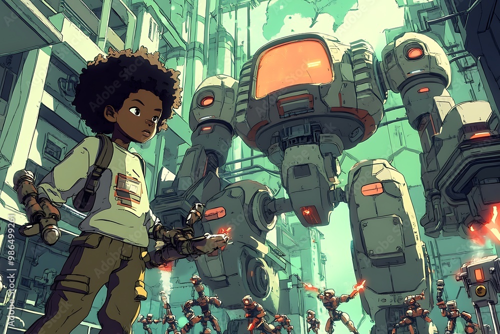 Young boy facing a giant robot with army of robots in futuristic ...