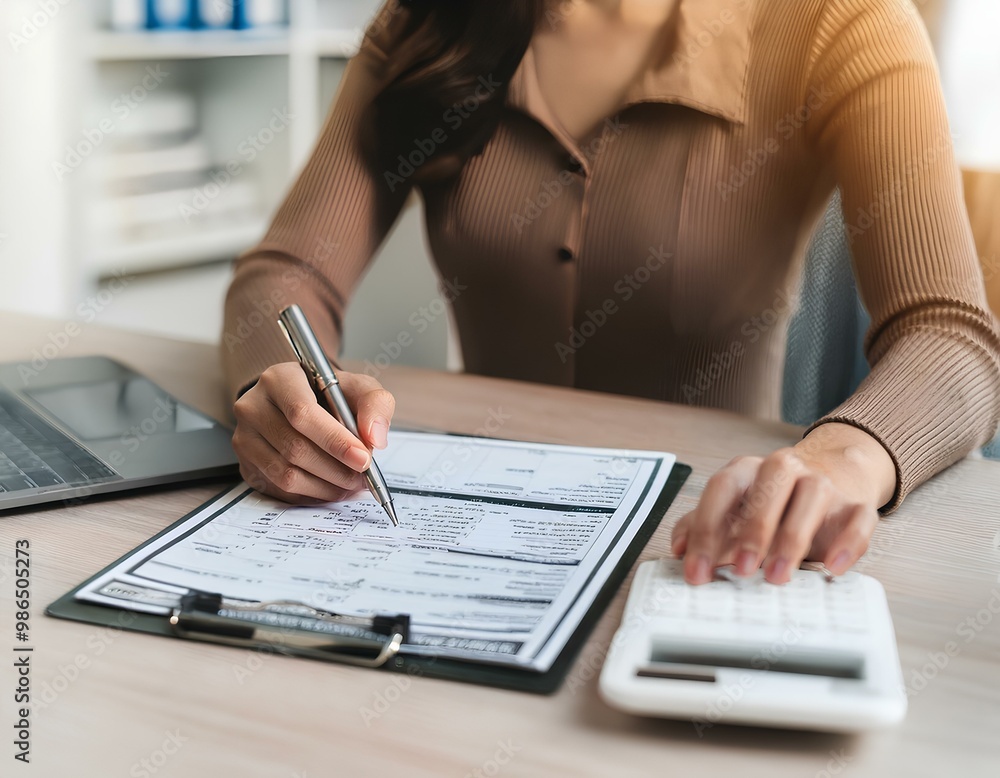 Deduction planning concept. Asian young woman hand using calculator to ...