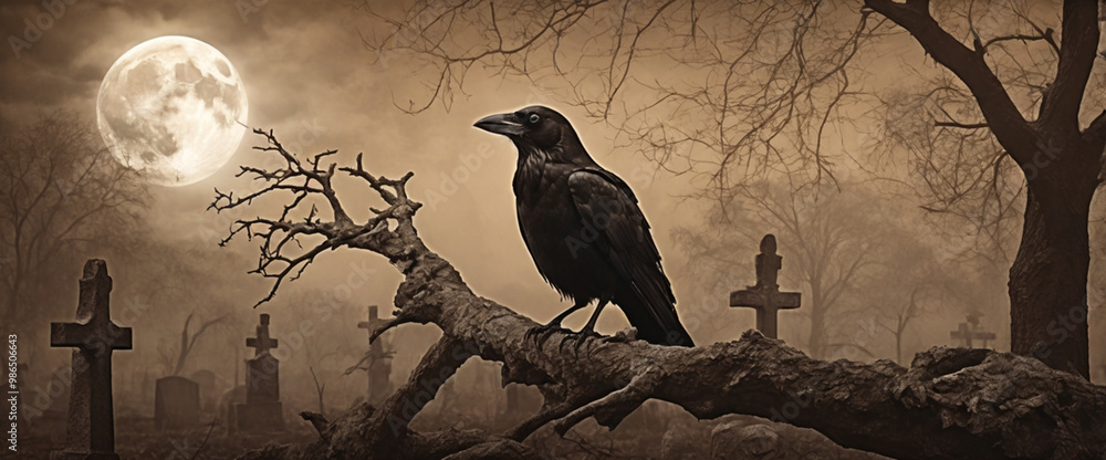 Crow sitting tombstone in the foggy spooky graveyard with full moon ...