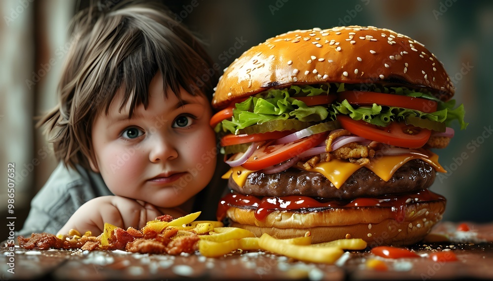 Child indulging in a giant hamburger, highlighting themes of junk food ...