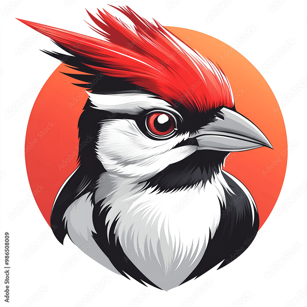 stylized illustration of a bird with a bold red crest and sharp red eye ...