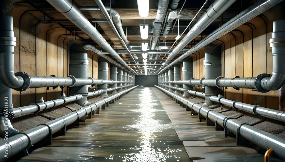Desolate underground corridor featuring drainage systems, metal ...