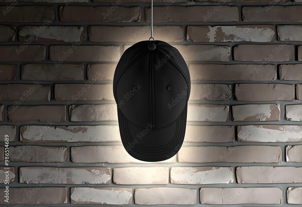 a blank cap mockup hanging on a wall, with a textured brick surface and ...