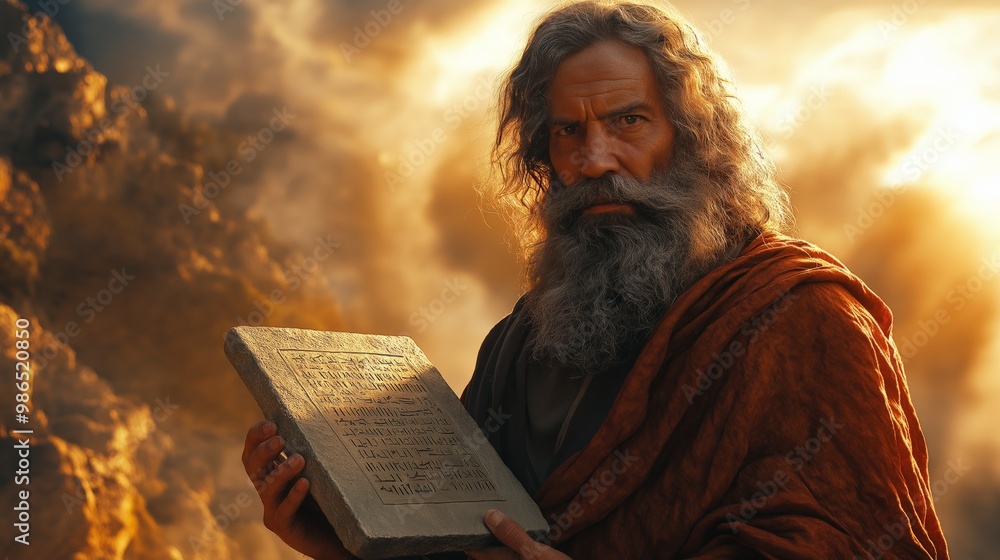 Moses holding the stone tablets with the Ten Commandments, surrounded ...
