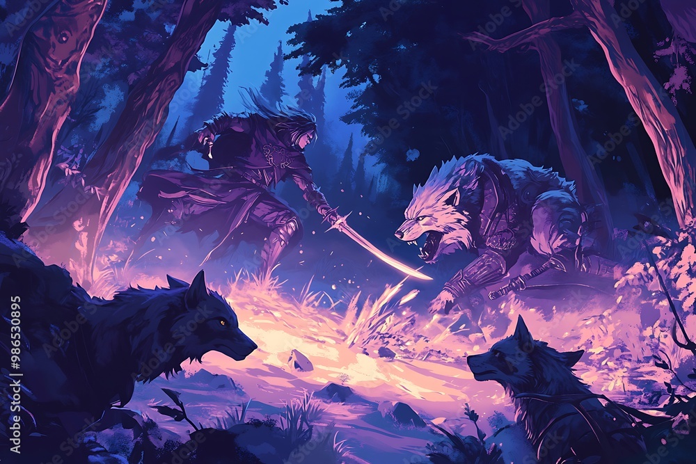 Fantasy warrior with a sword facing off against a werewolf and its pack ...