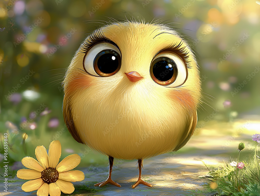 Cute animated bird with large eyes stands next to a flower in a vibrant ...