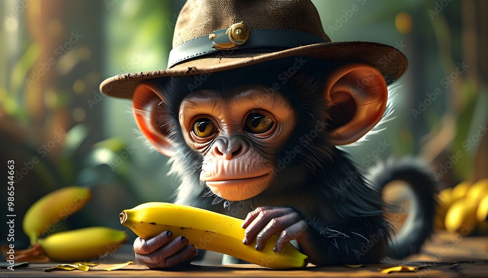 Mischievous detective monkey analyzing a banana, capturing the ...