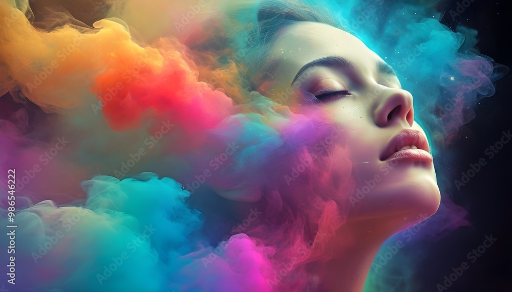 Ethereal womans face emerges from vibrant clouds of dust and smoke ...