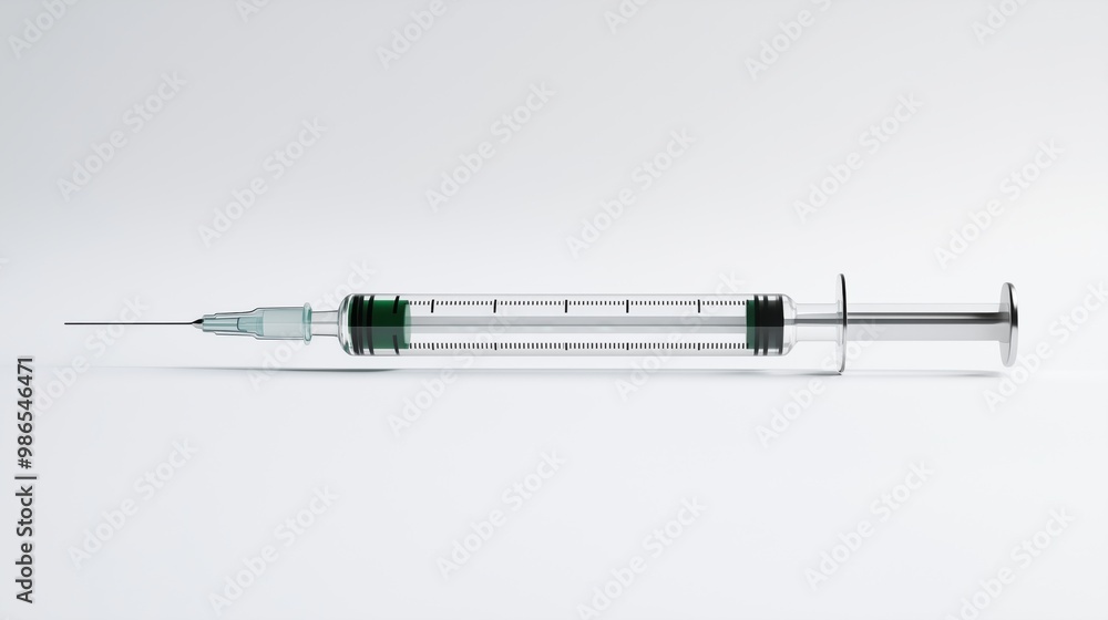 A detailed view of an empty syringe with a needle, placed horizontally ...