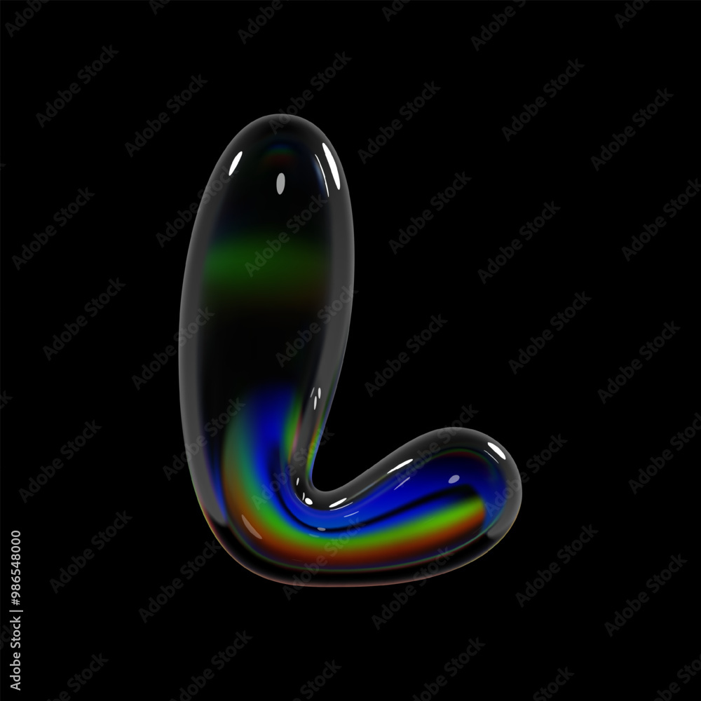 3d holographic glass letter L with glossy, shiny surface in inflated ...