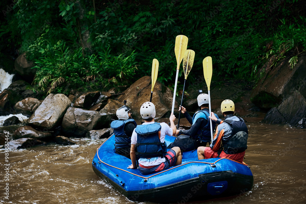 River, back and people with paddle for rafting, challenge and ...