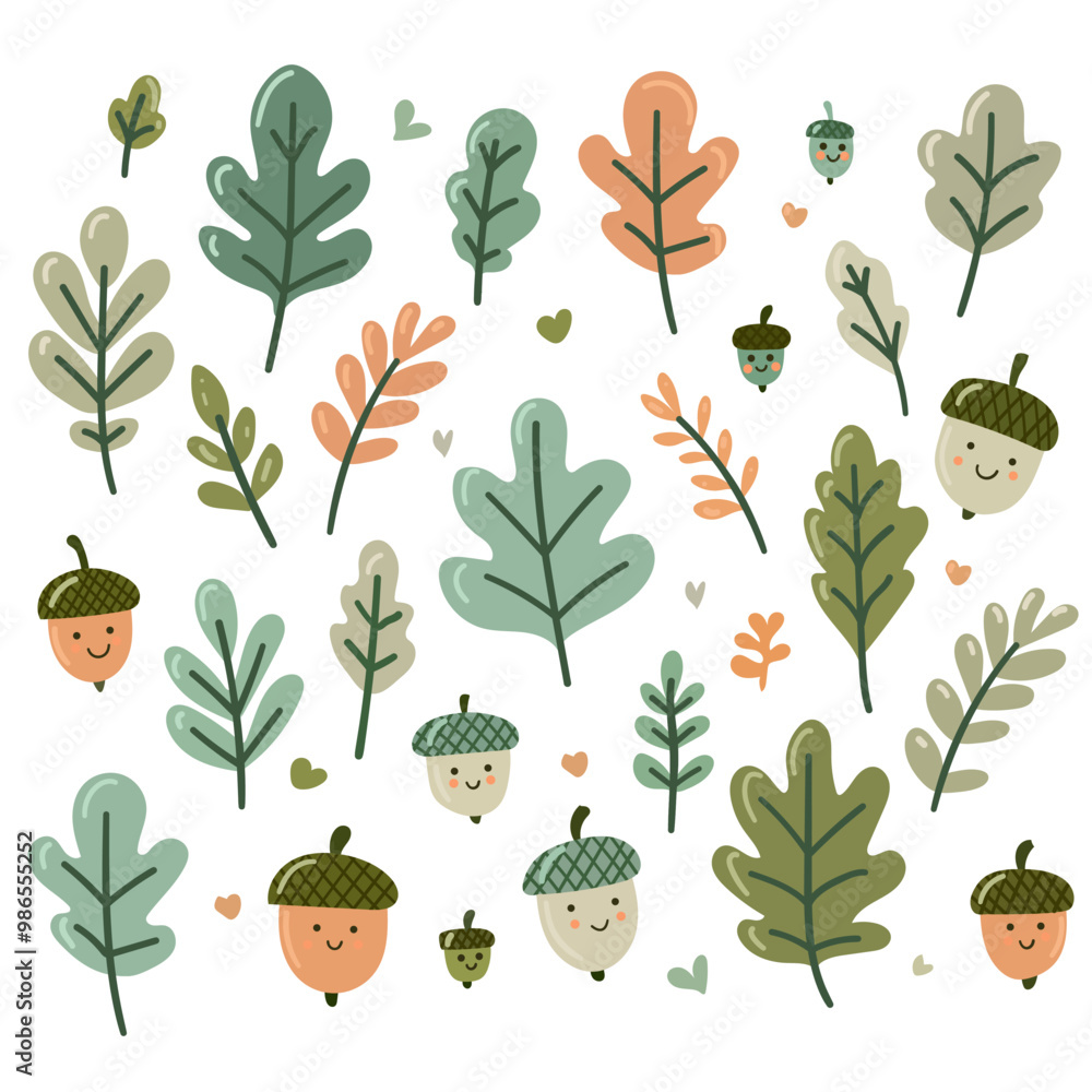 Cute autumn leaves and acorns cartoon vector illustration. Oak, acorn ...