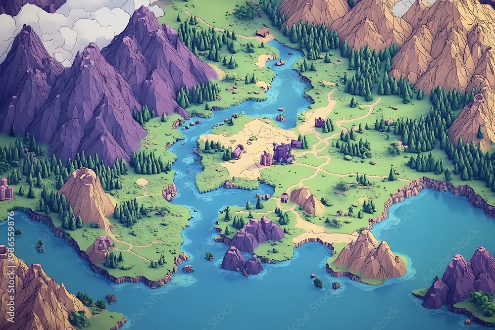 Fantasy world map with mountains, rivers, and villages, in isometric ...