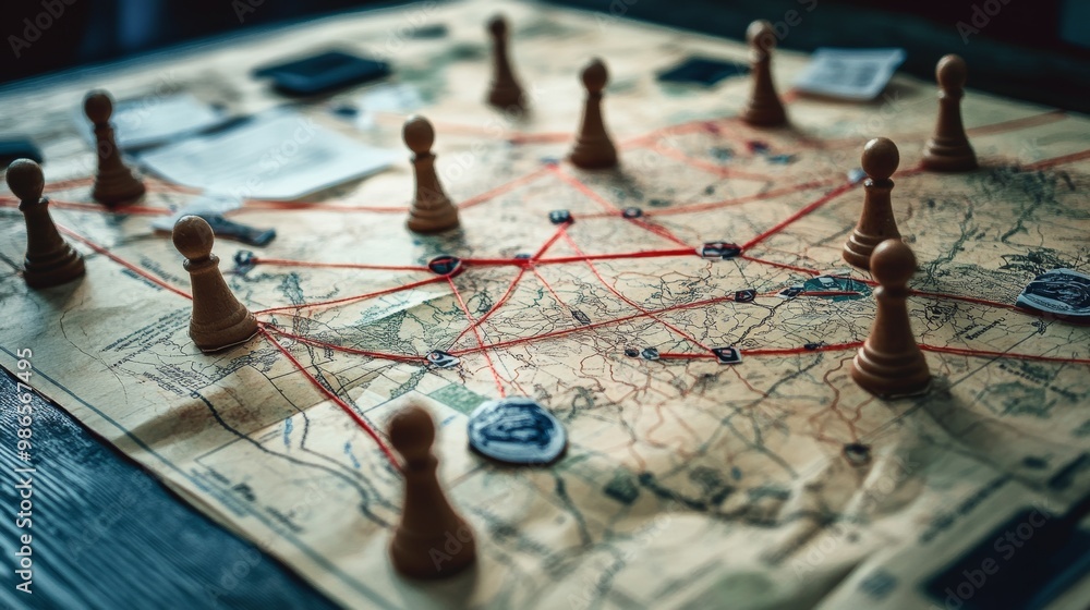 Close up shot of investigation board. Detective board with map of crime ...