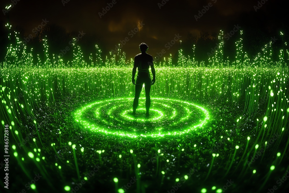 Morpheus standing in a glowing green garden, where every plant pulses ...