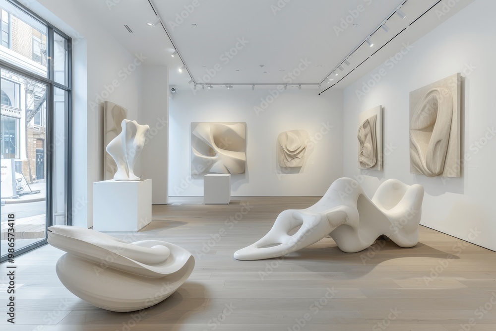 Artistic sculptures displayed in a bright contemporary gallery ...