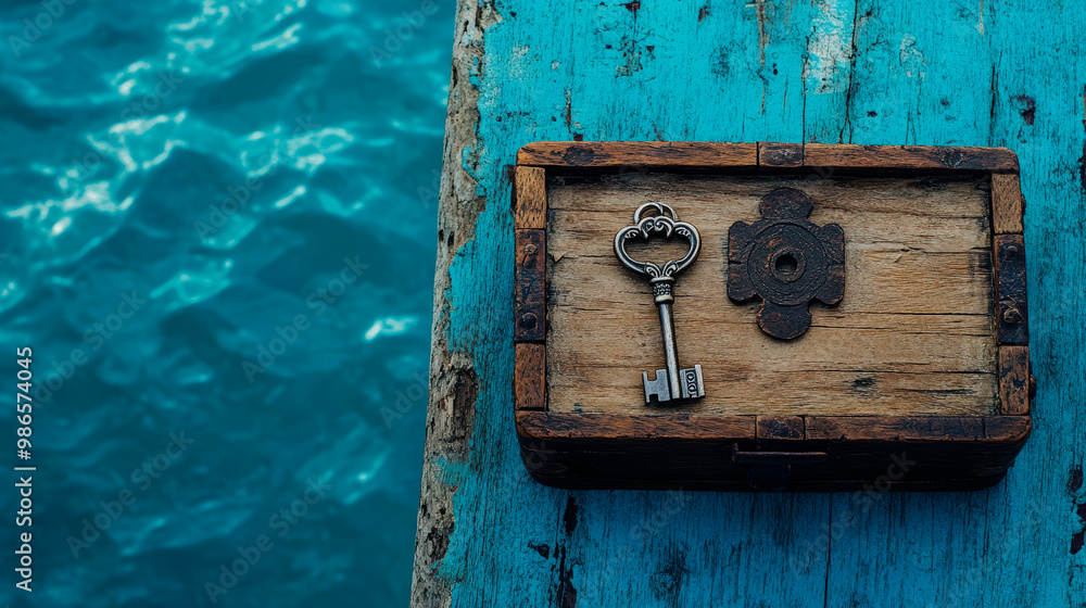 Antique Key And Treasure Chest On Sea Background, Adventure And ...