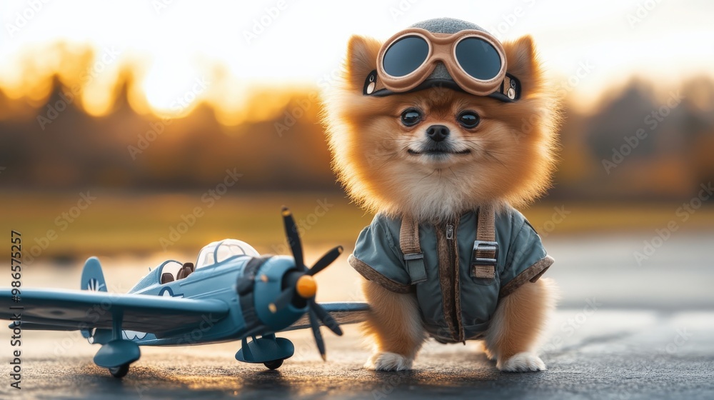 A cheerful Pomeranian dog dressed in a miniature pilot's uniform stands ...