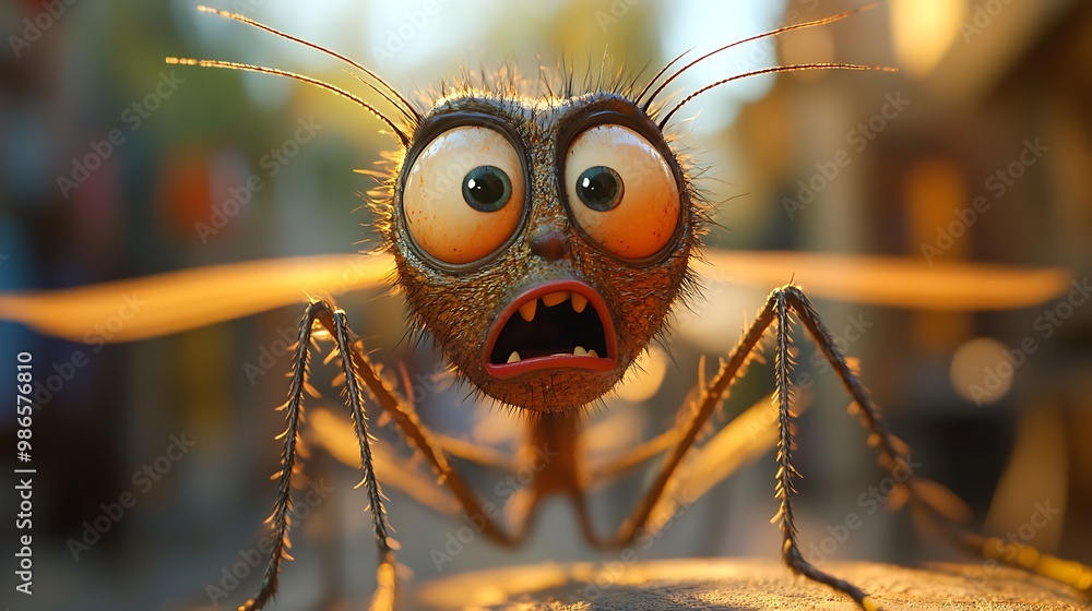 Cartoon mosquito with big eyes and wide open mouth. Fearful insect with ...