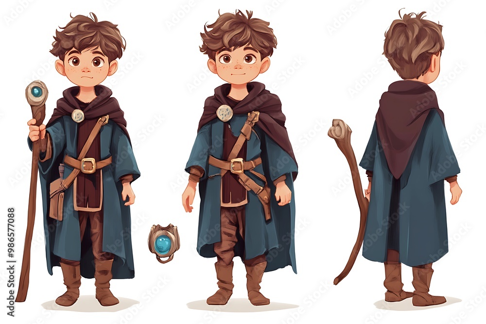 Cute cartoon boy wizard with staff and magic orb, full body animation ...