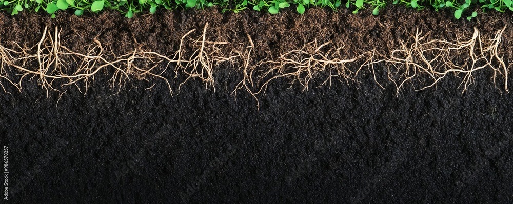 Cross-section of soil with visible plant roots and microorganisms Stock ...