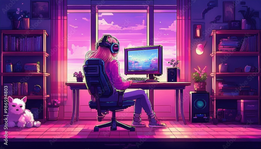 pixel art girl viewed from behind, sitting at a desk use computer in ...