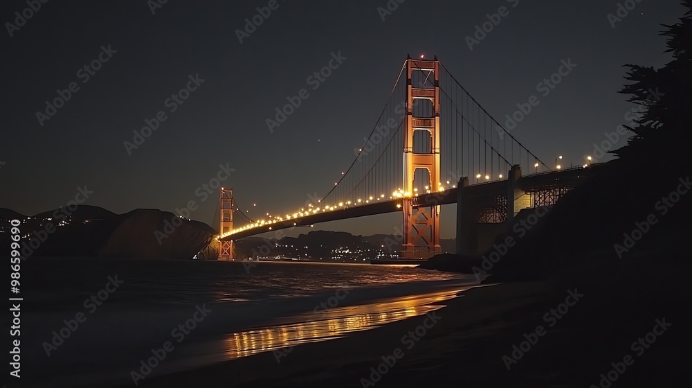 A stunning night-time view of the Golden Gate Bridge, illuminated by ...