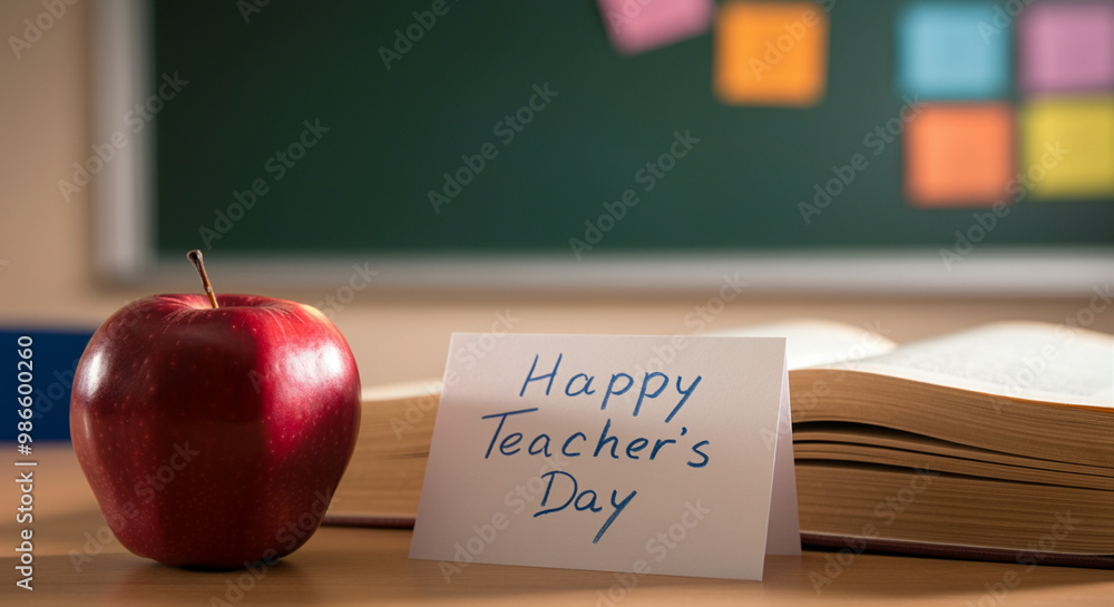 Apple on desk with card for Teacher's Day beside open book in classroom ...