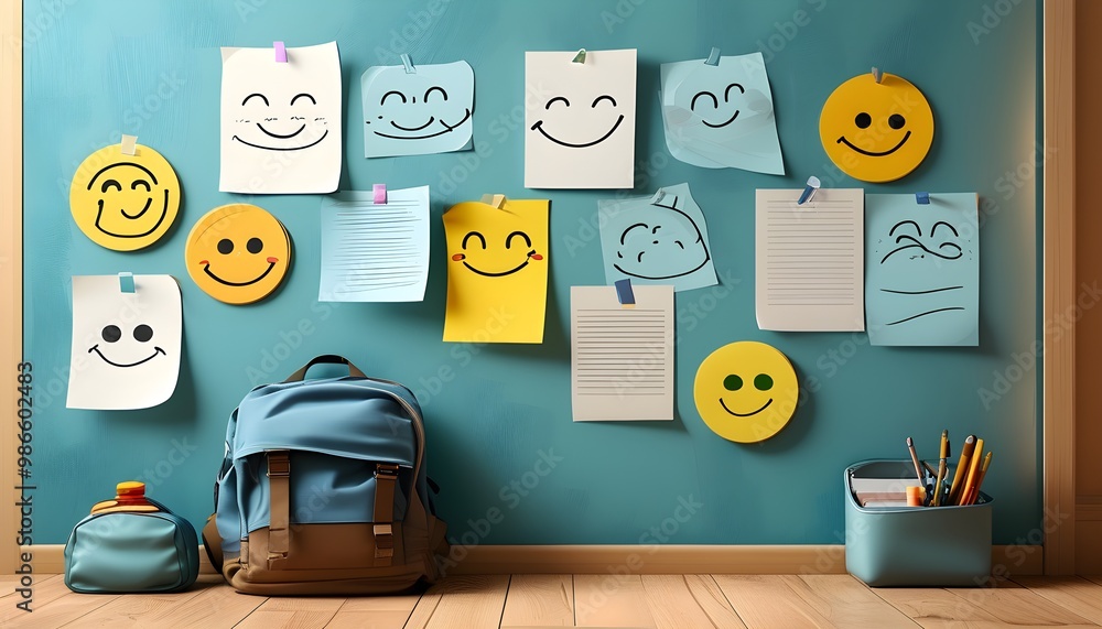 Creative sticky note smile sketches on wall for designing emotion cards ...