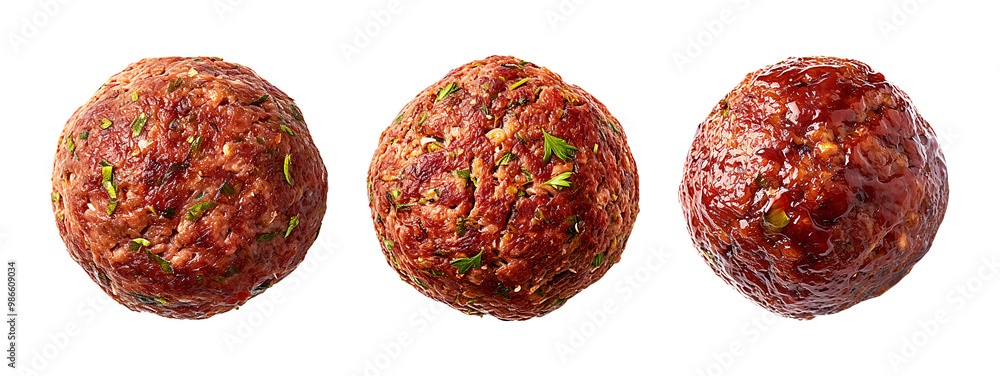 Meatballs in various stages of preparation raw seasoned and cooked on a ...