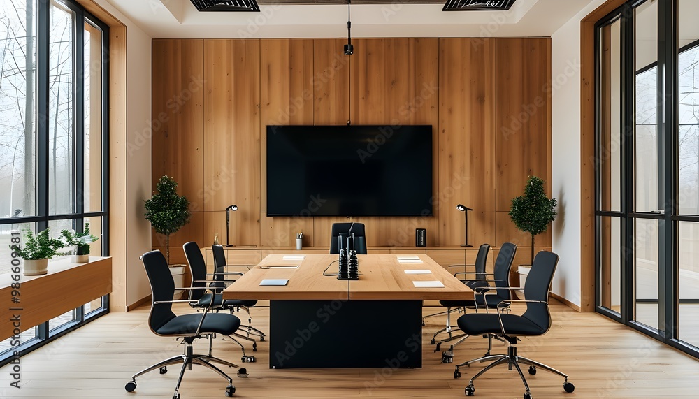 Modern office conference room with empty boardroom, wooden furniture ...