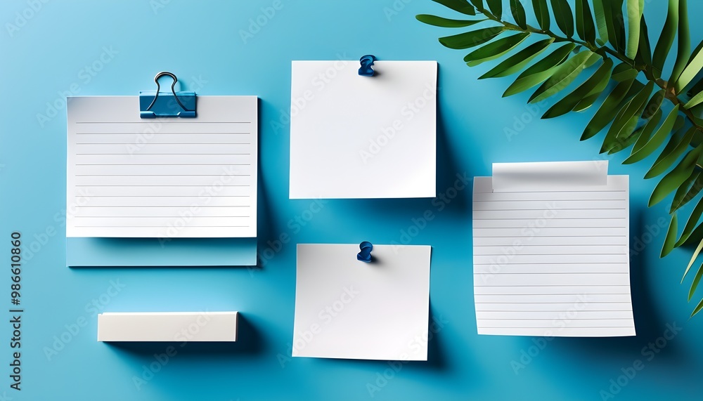 Colorful sticky notes and clips on a vibrant blue backdrop, showcasing ...