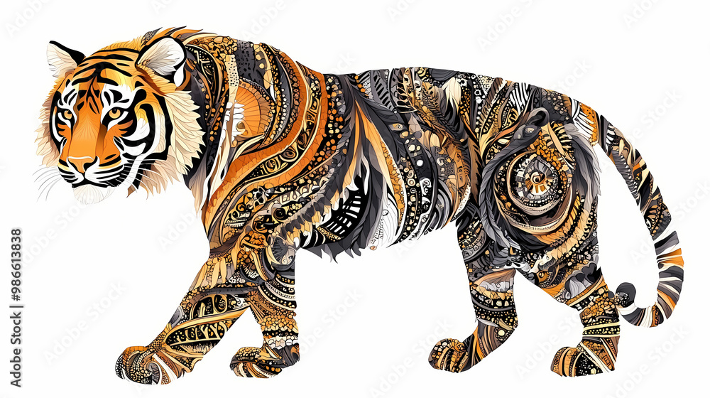 Isolated image of a tiger in zentangle patterns on a white background ...
