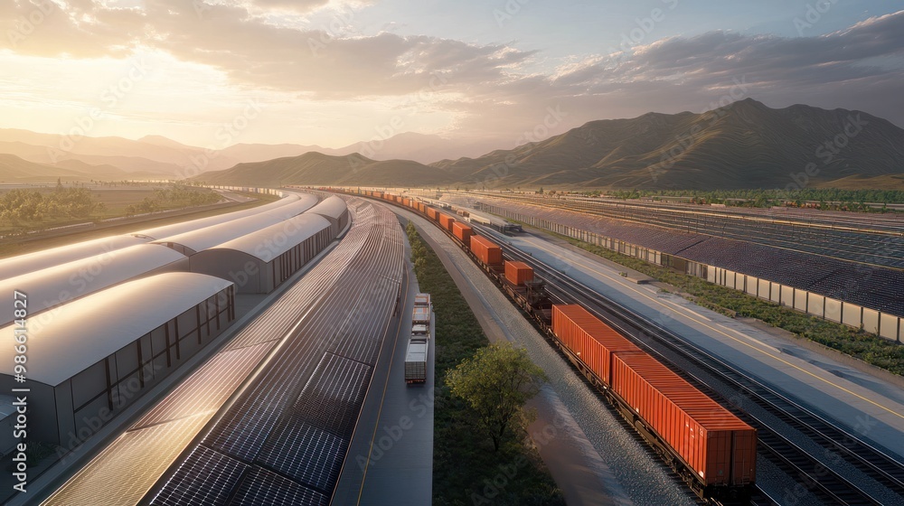 A modern freight terminal powered by solar panels and wind turbines ...