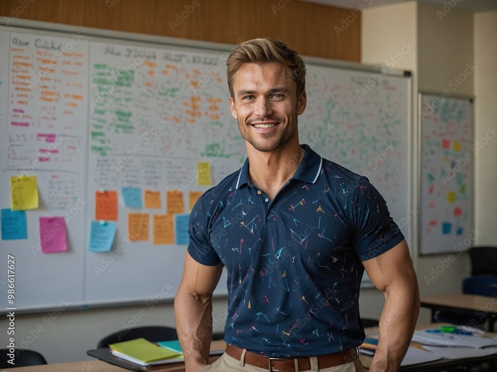 Charming muscular teacher standing in a classroom filled with colorful ...