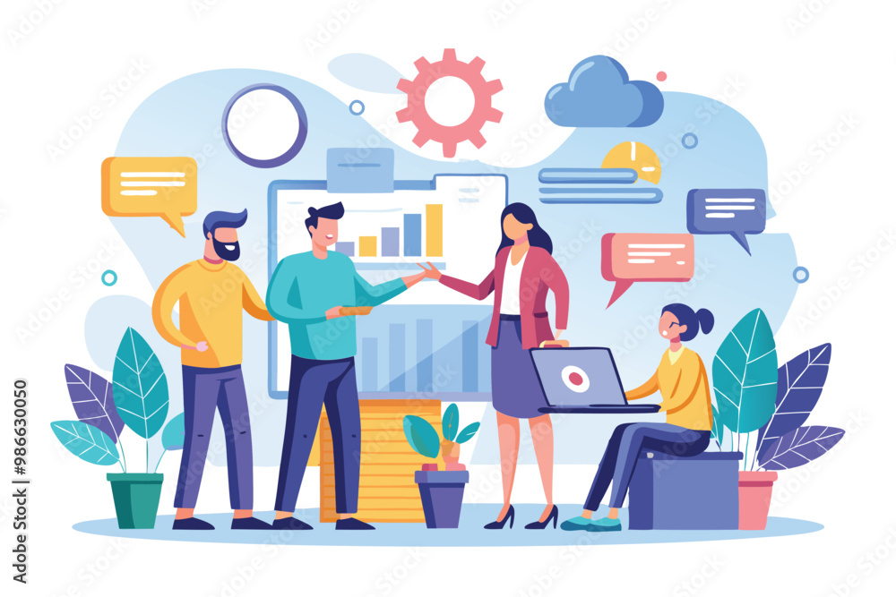 Two professionals shake hands while a third member analyzes data on a ...