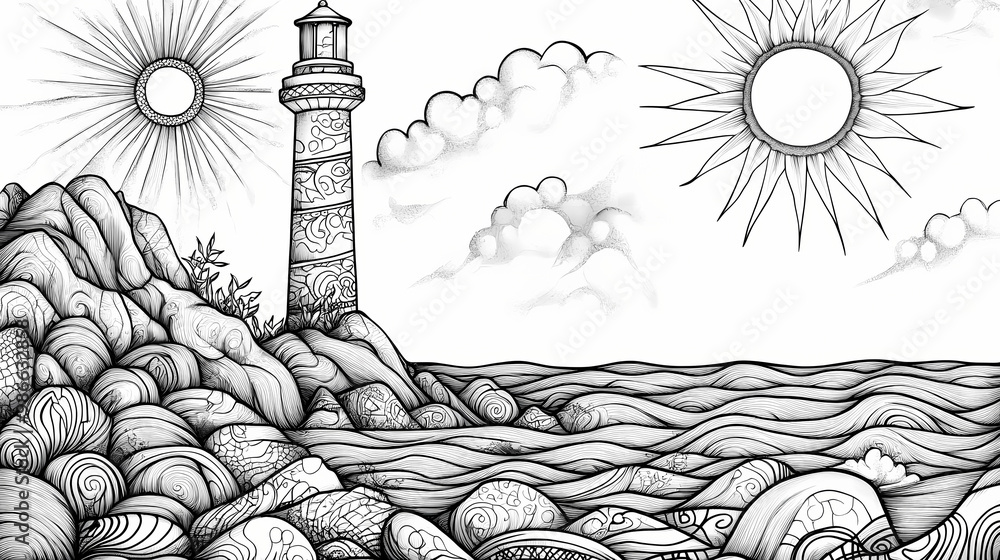 Lighthouse landscape coloring page for adults - serene mountain and ...
