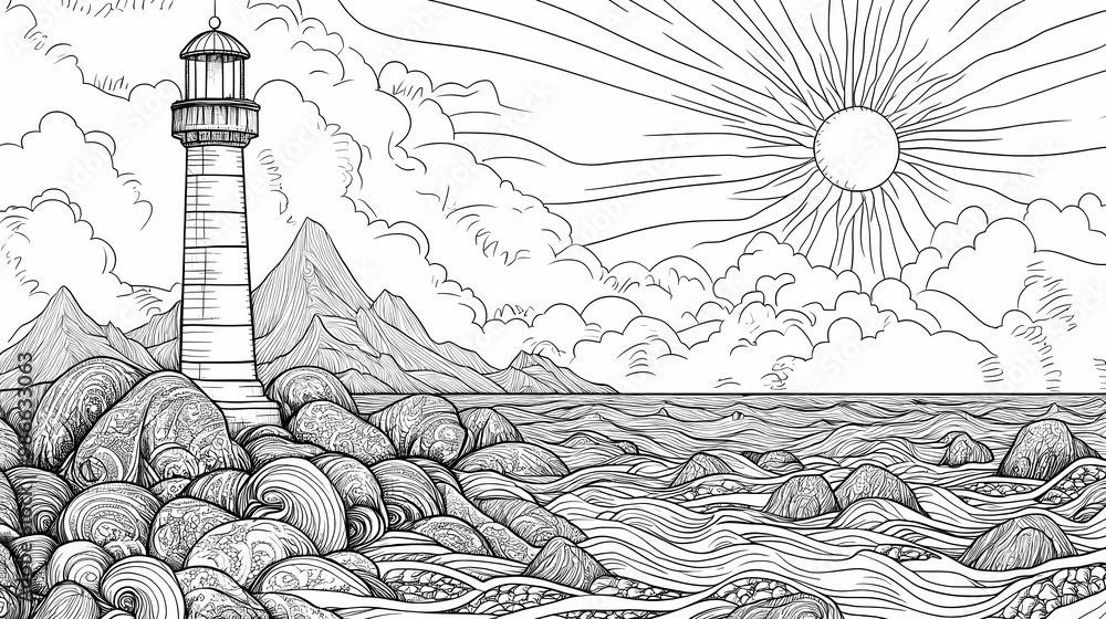 Lighthouse landscape coloring page for adults - serene mountain and ...