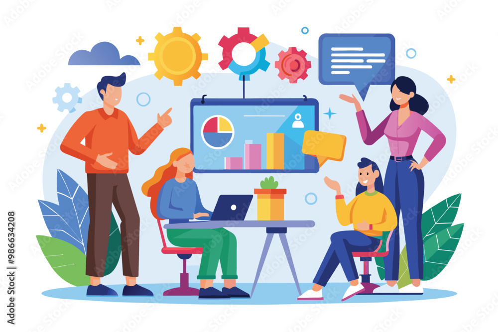 A team collaborates on a problem-solving presentation using charts and ...